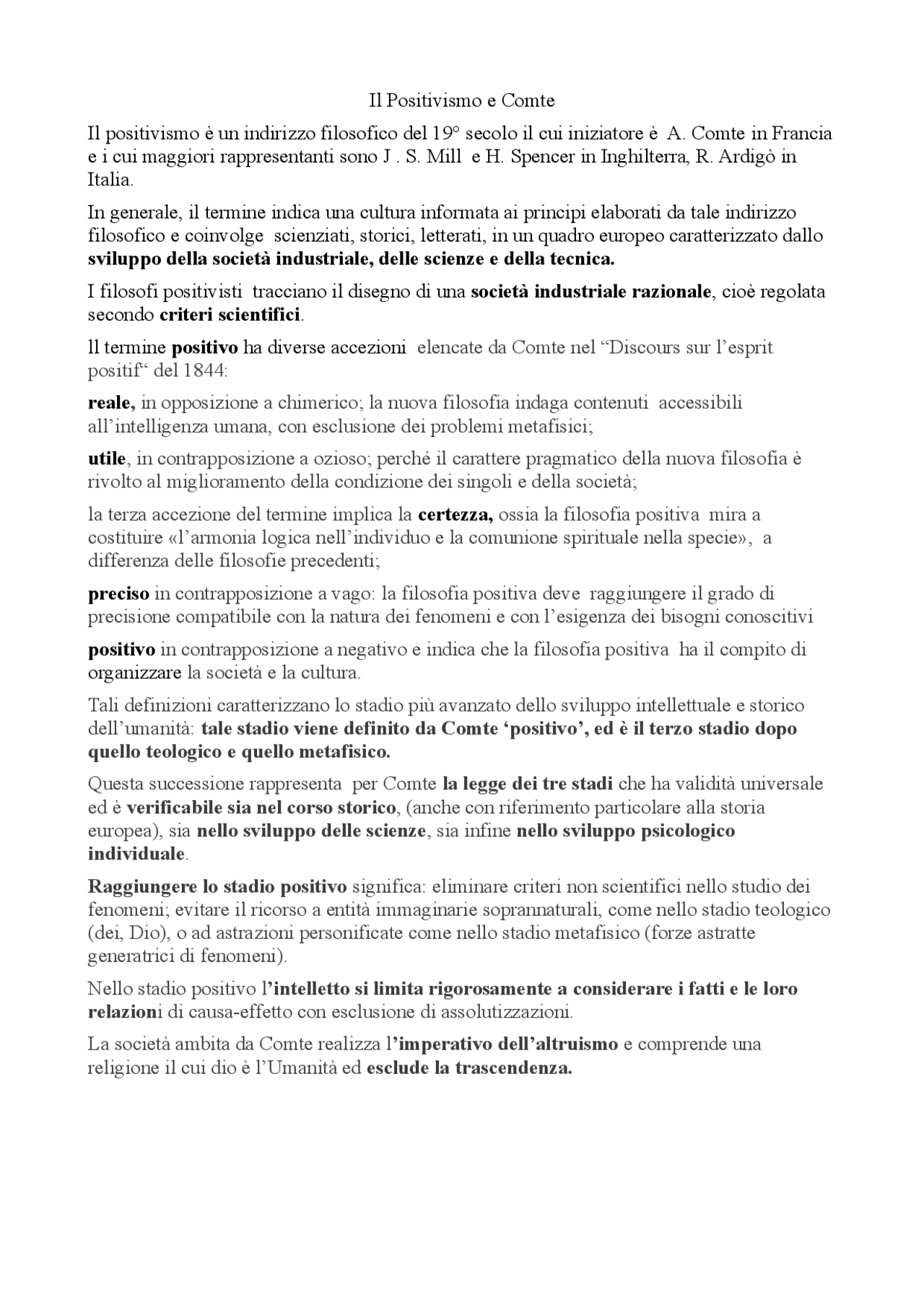 Il Positivismo E Comte Sintesi Del Corso Di Filosofia Docsity