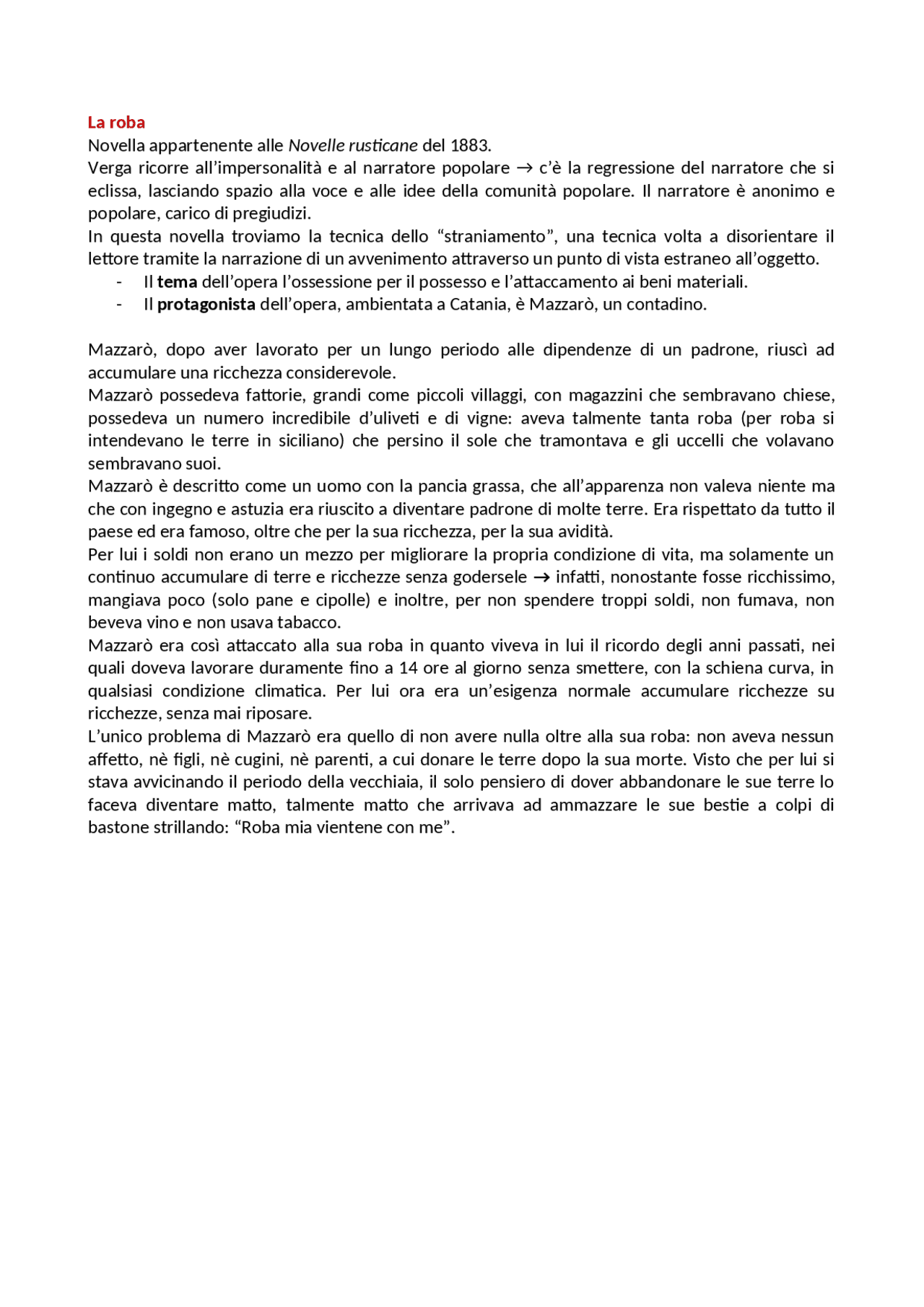 Giovanni Verga La Roba Docsity