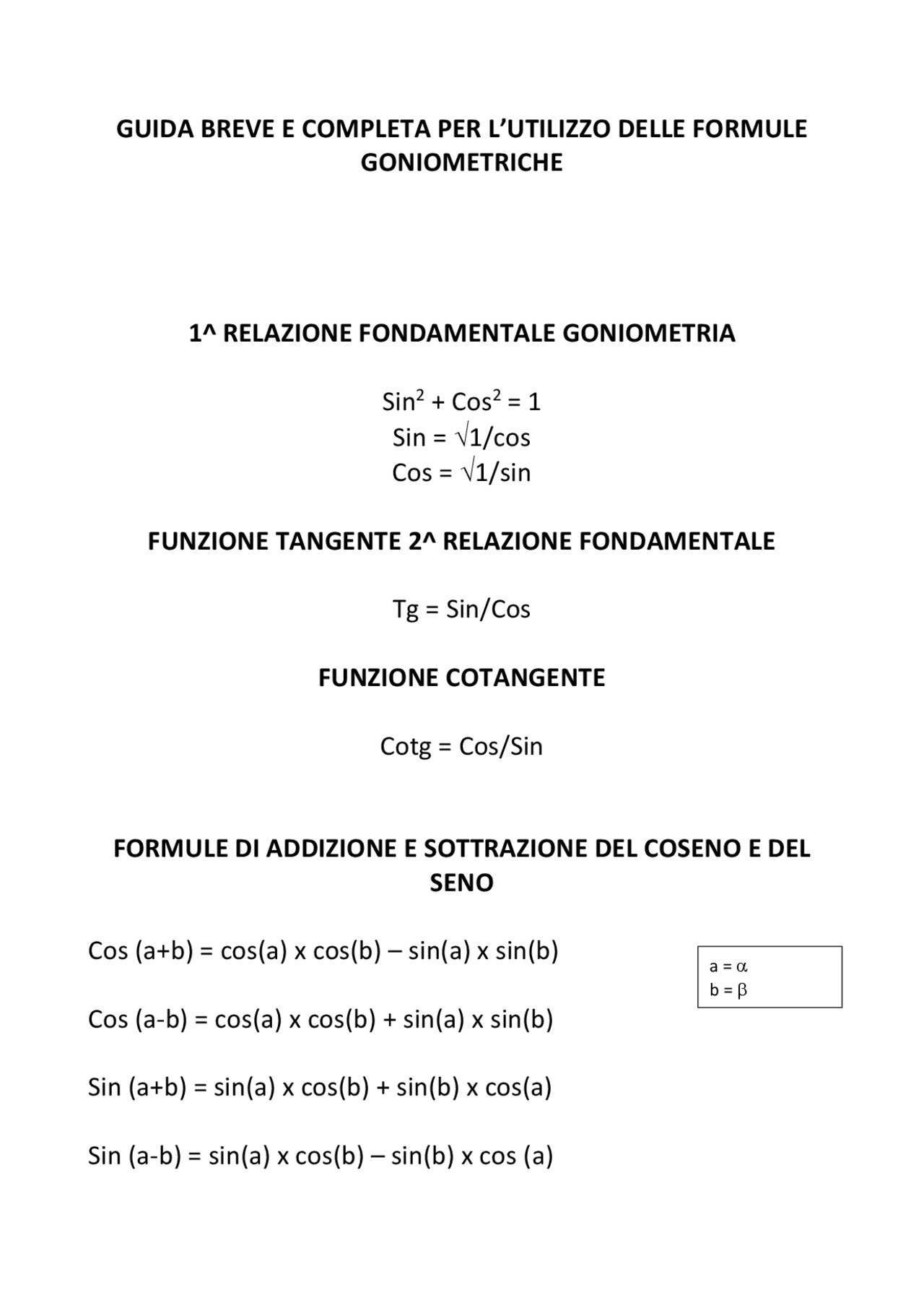 FORMULE GONIOMETRICHE - Docsity