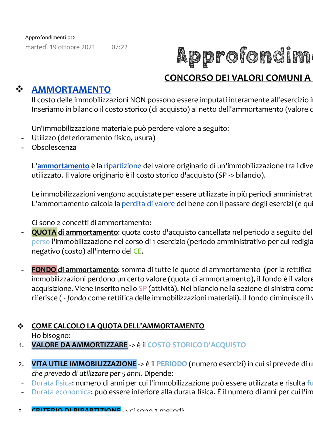 Ammortamenti, fondi rischi e oneri - Docsity