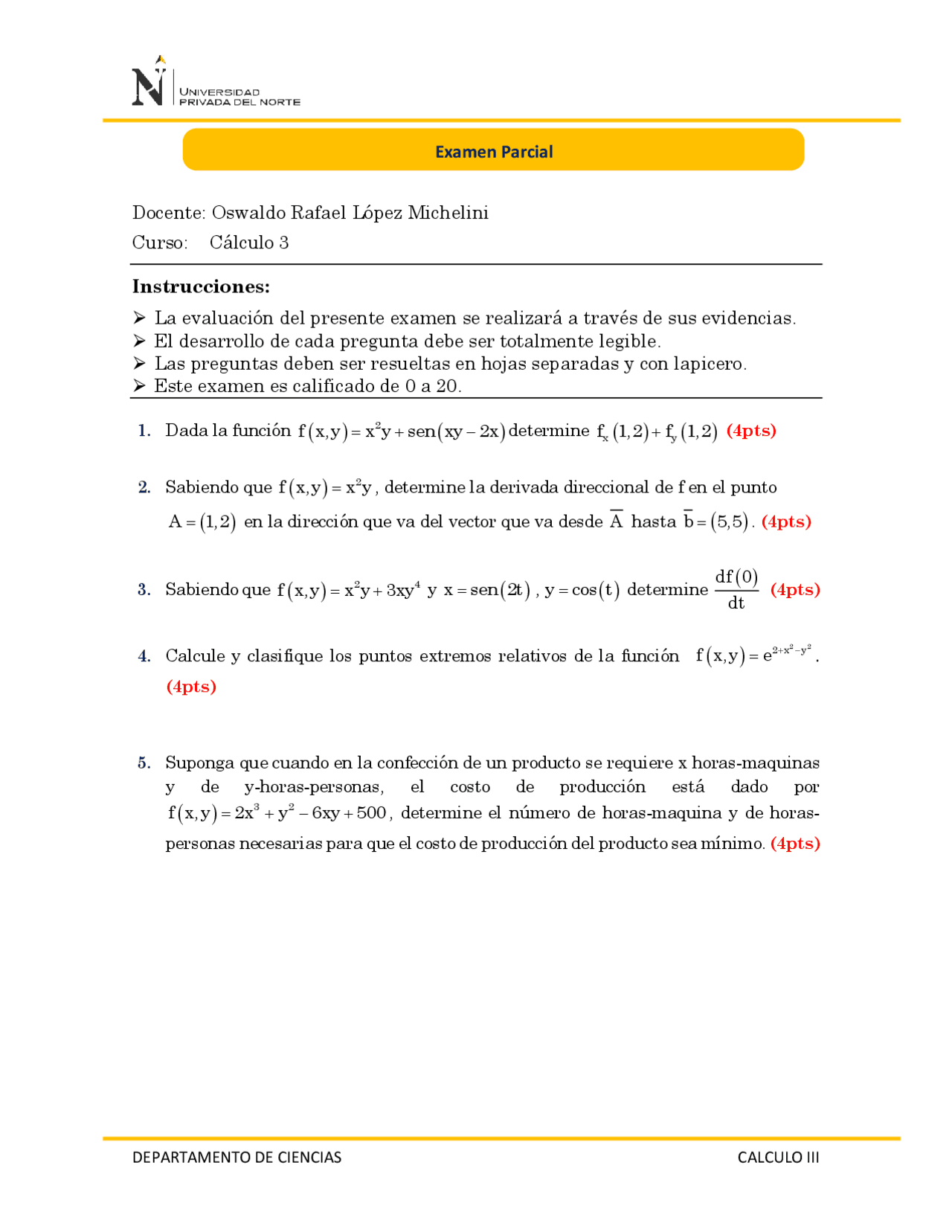 Examen Parcial De Calculo 3 Upn Wa Exámenes De Cálculo Docsity