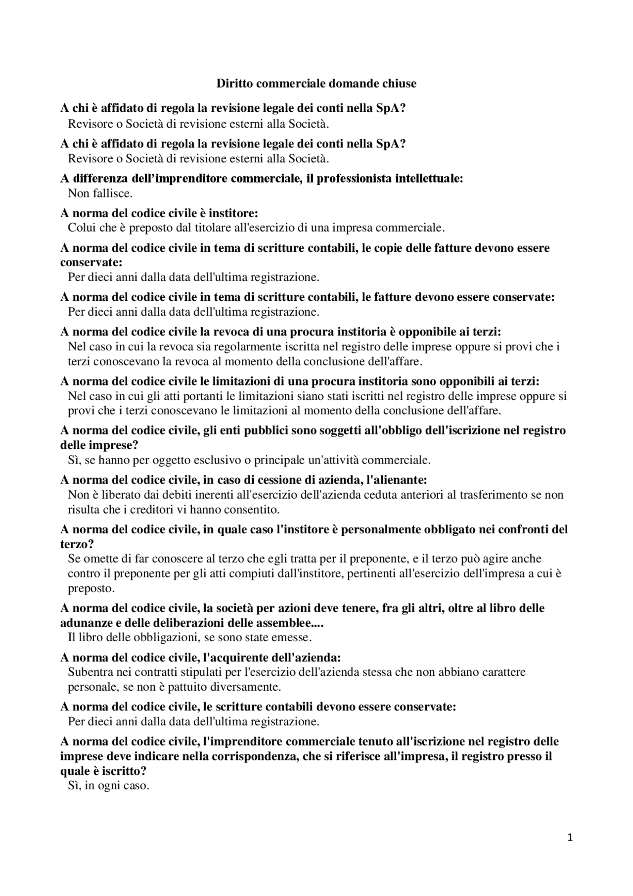 Diritto Commerciale Domande Chiuse Scienze Delleconomia Ecampus Docsity