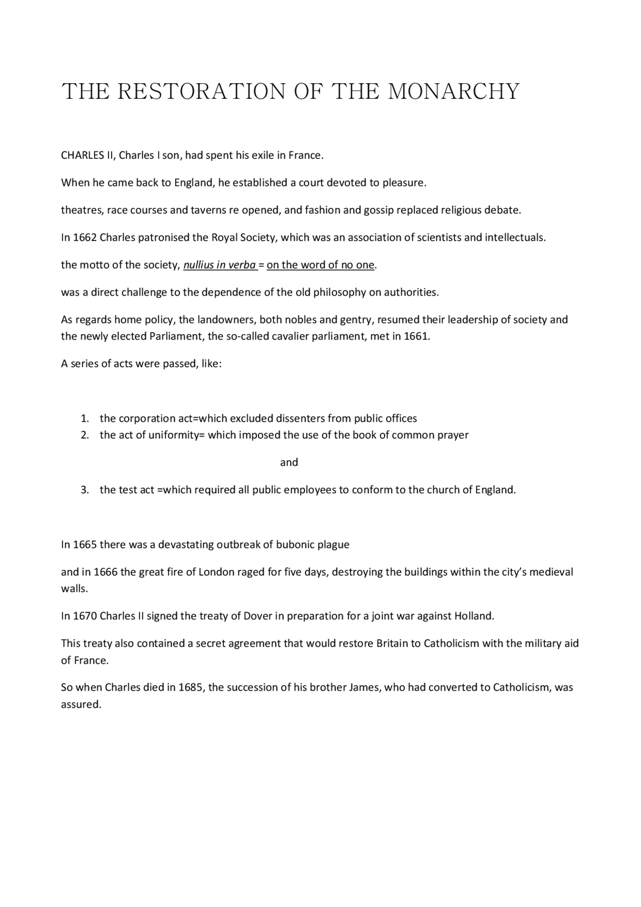 Restoration of the monarchy - Docsity