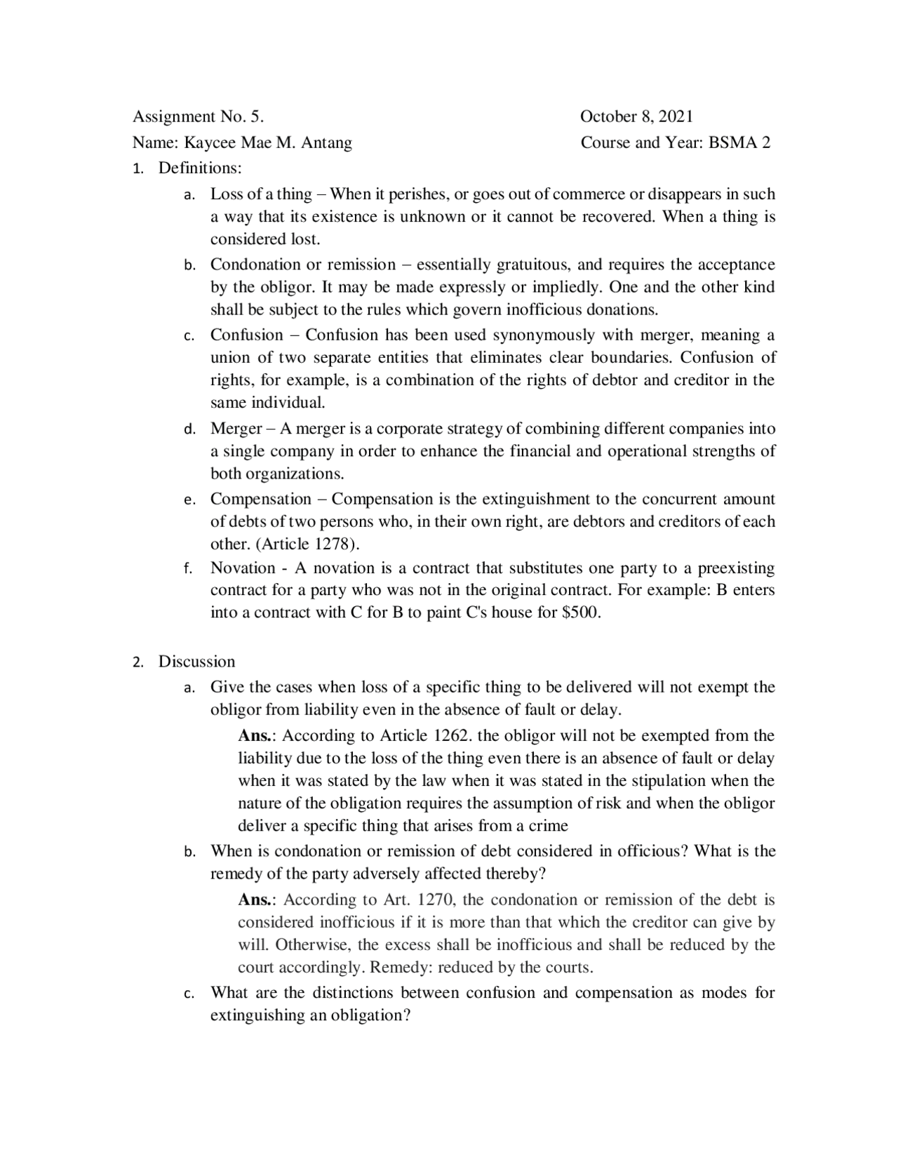Law On Obligation And Contracts Docsity