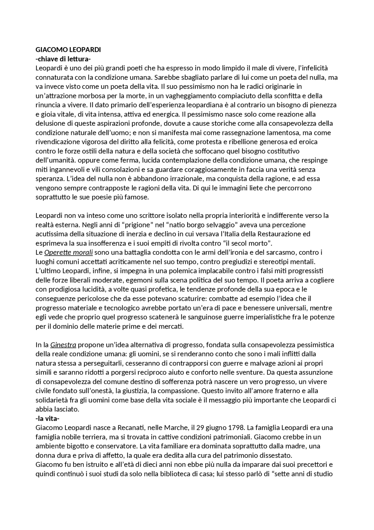 Riassunto Su Giacomo Leopardi Docsity