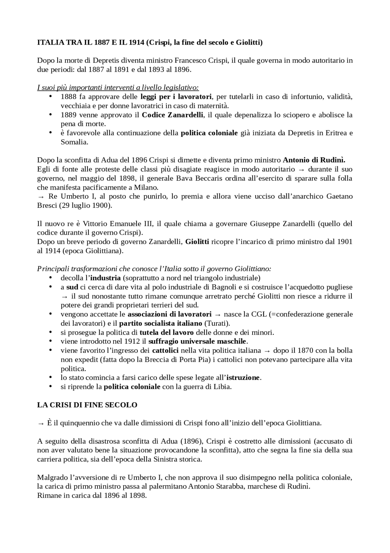 Crispi Giolitti E La Crisi Docsity
