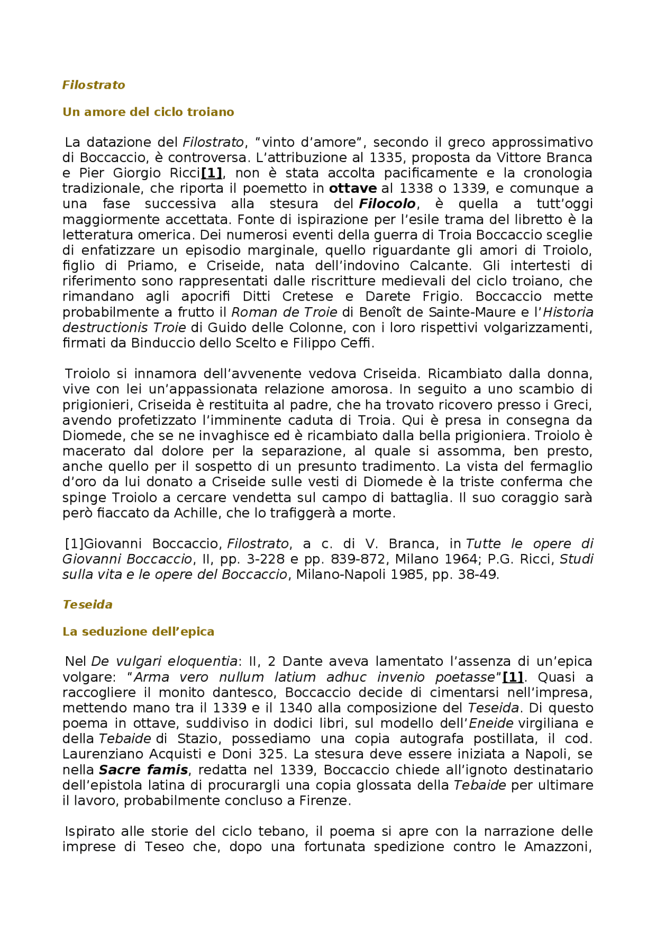 Filostrato ....Testo | Schemi e mappe concettuali di Letteratura | Docsity