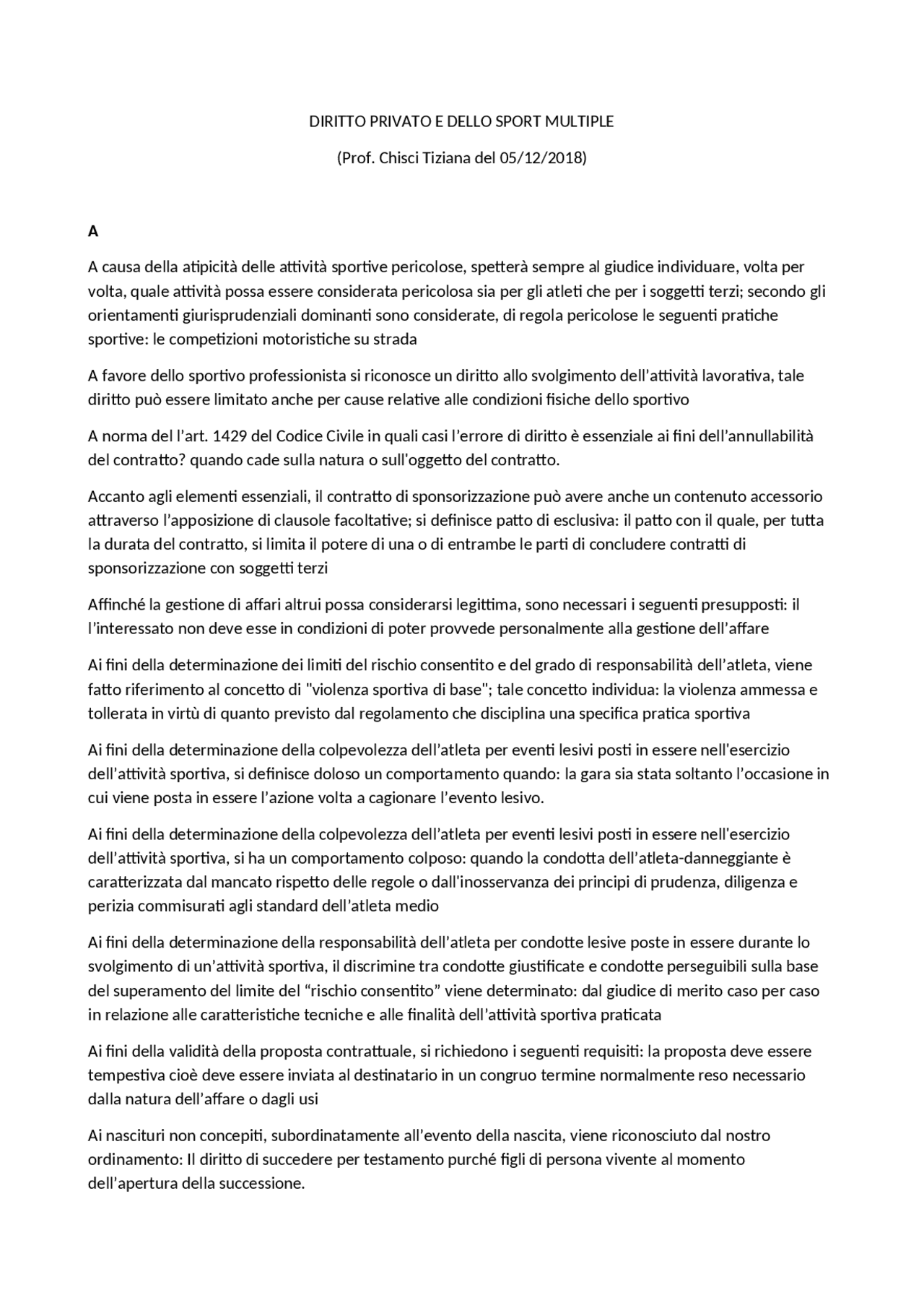 Diritto Privato E Dello Sport Multiple Multiple Ordine Alfabetico Docsity