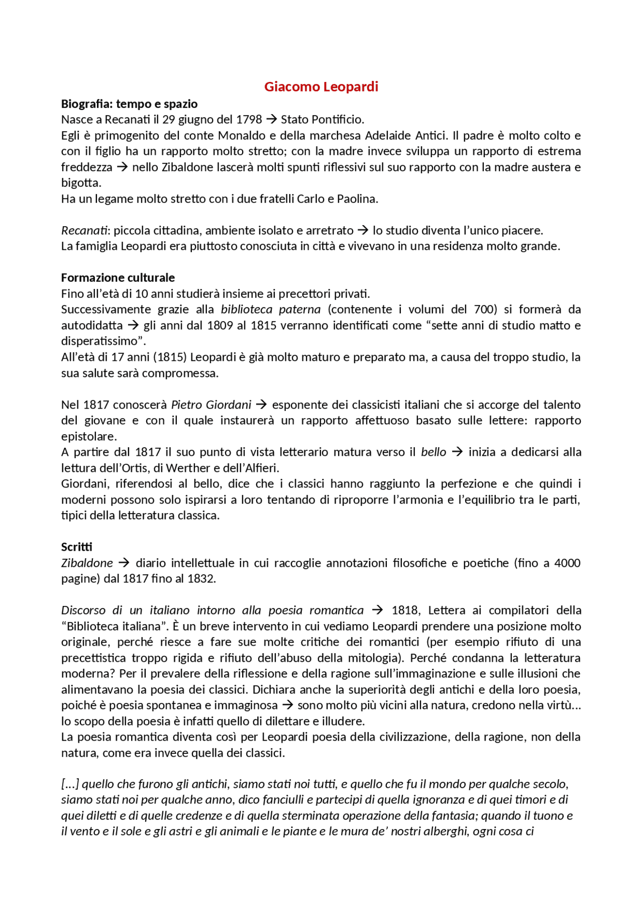 Giacomo Leopardi - Biografia e opere - Docsity