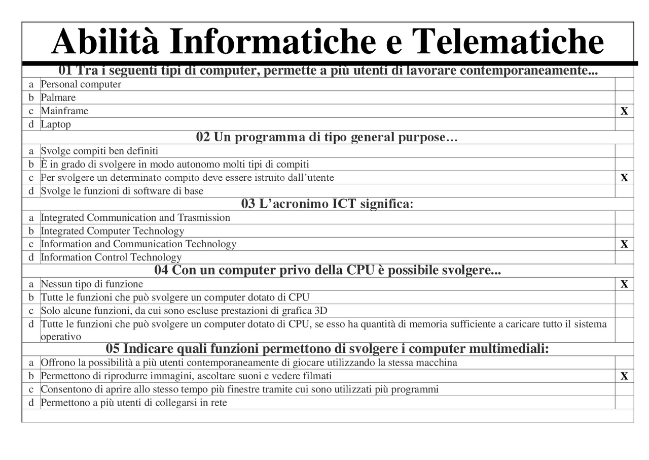 Test Di Autovalutazione In Abilità Informatiche Docsity