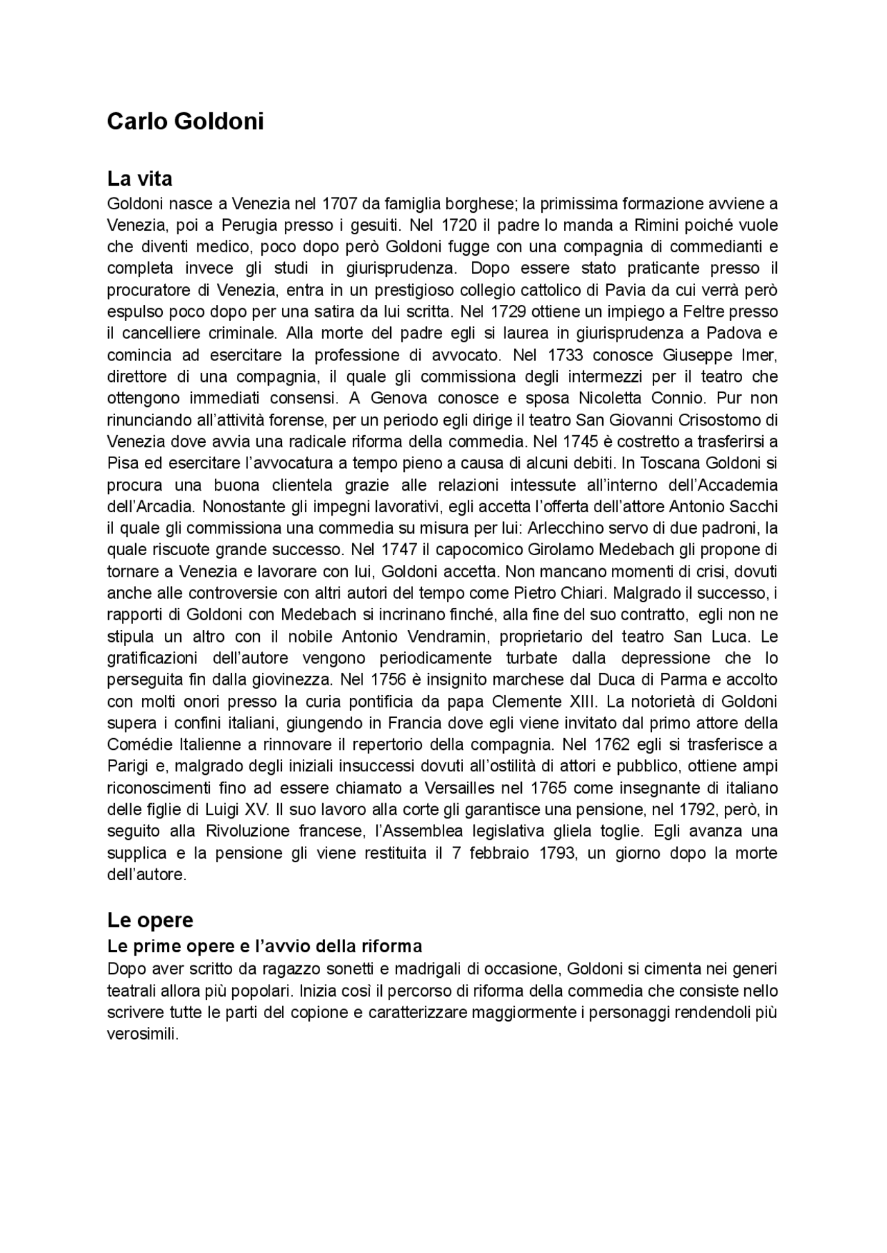 Goldoni E Parini Riassunto Docsity