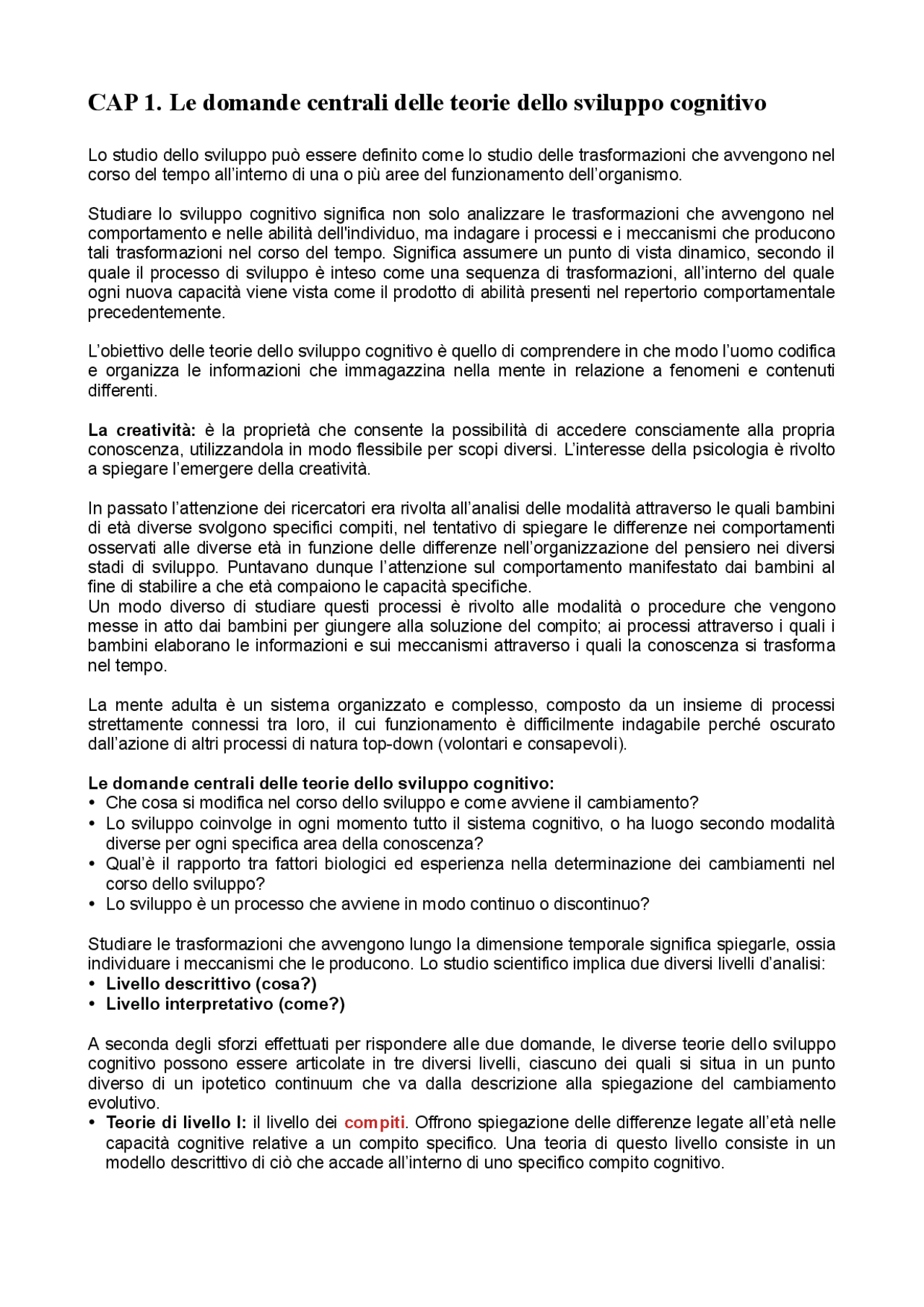 Lo Sviluppo Della Mente Umana Macchi Cassia Riassunto Docsity