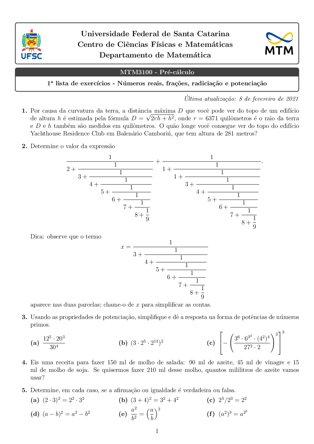 Exercicios De Pré Calculo Com Gabarito Exercícios Cálculo Docsity