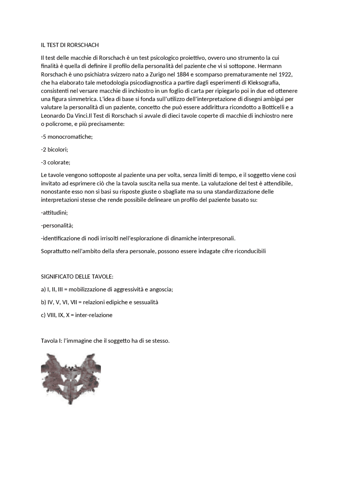 IL TEST DI RORSCHACH (tavole) | Schemi e mappe concettuali di ...