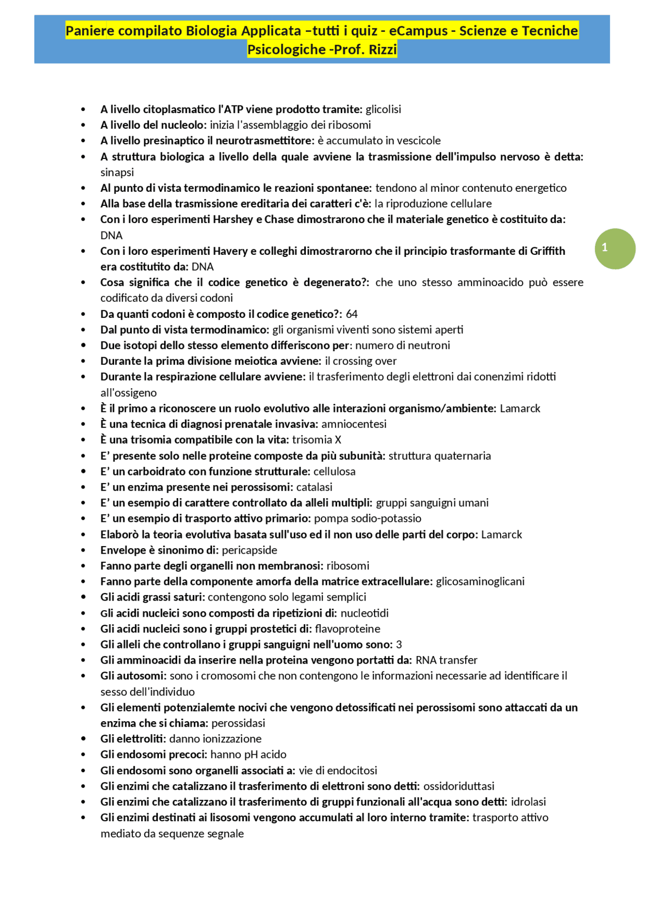 Biologia Applicata Quiz Compilati Del Paniere Ecampus Scienze E