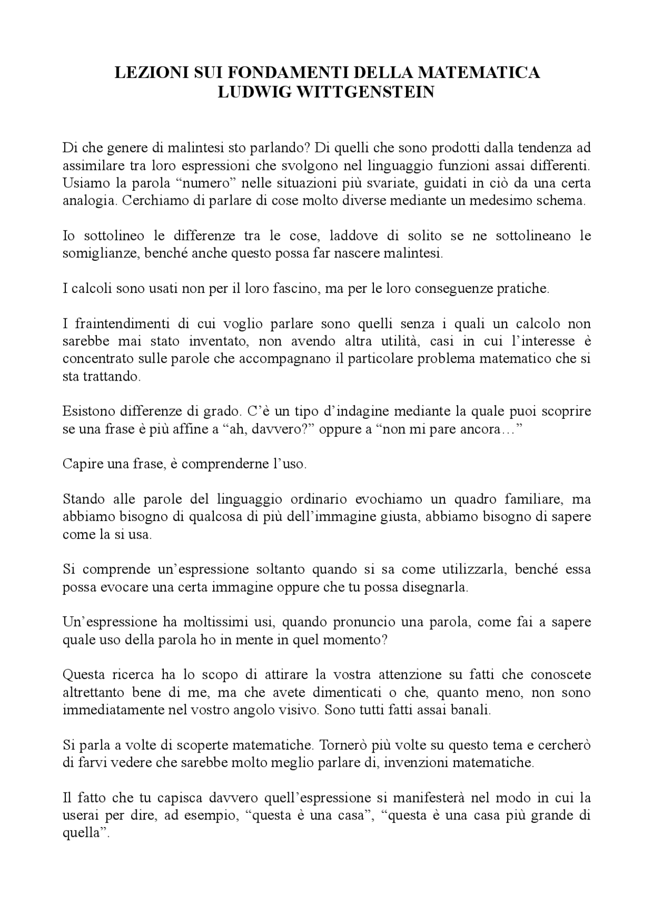 Lezioni sui fondamenti della matematica, Ludwig Wittgenstein - Docsity