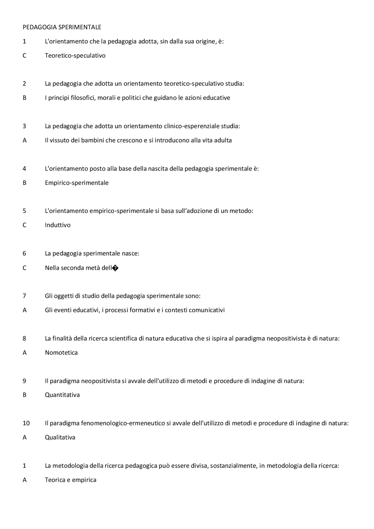 Quiz Esame Pedagogia Sperimentale Docsity