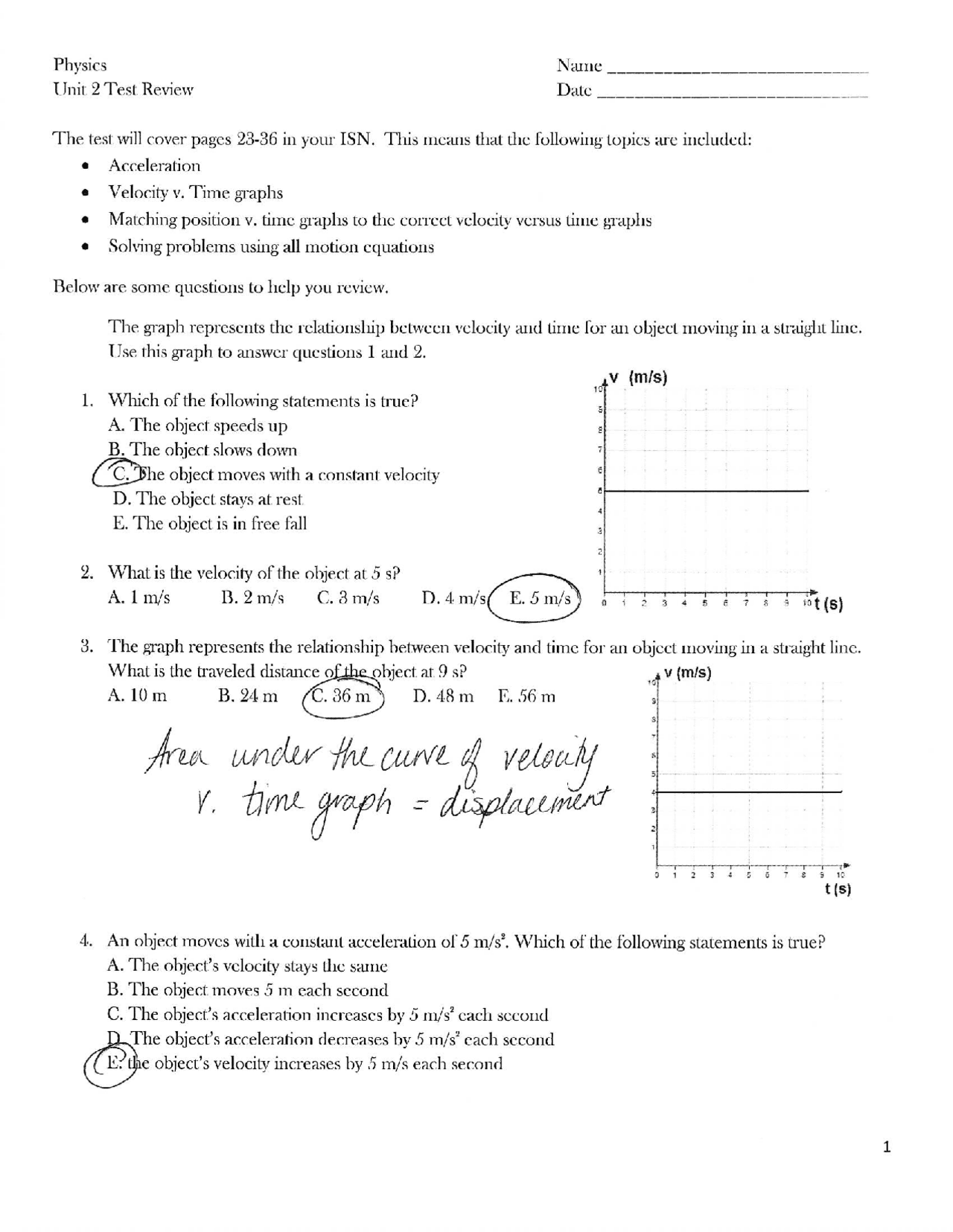 Physics unit 2 review answers | Exams Physics | Docsity