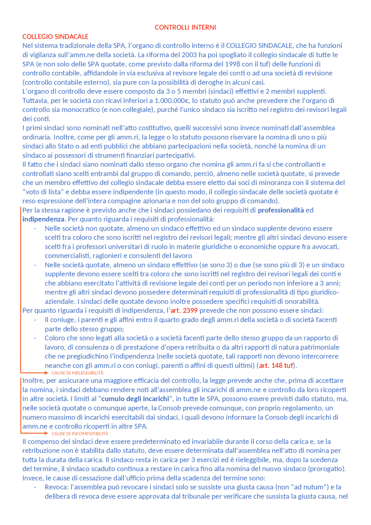 Riassunto Controlli Interni Nelle Società Docsity