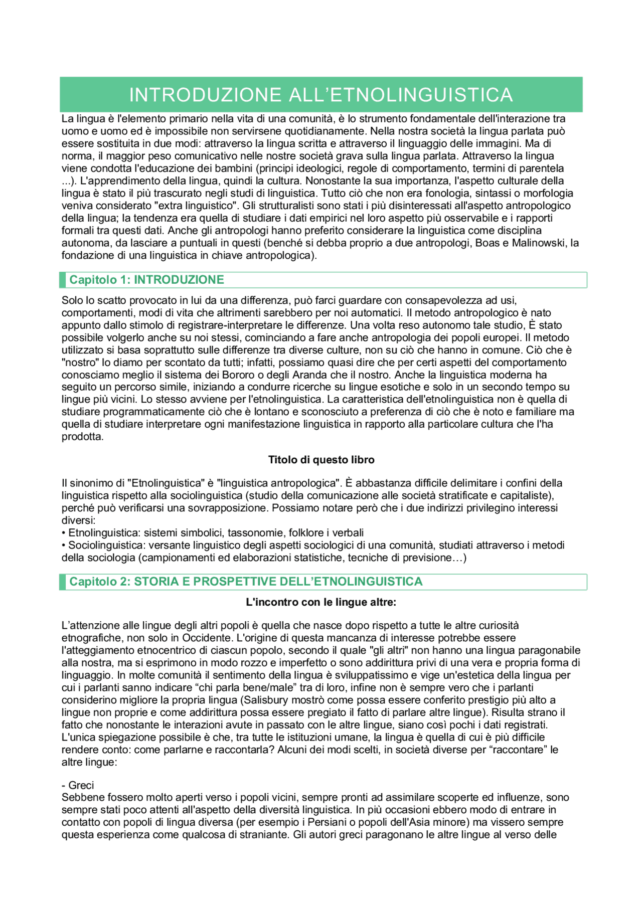Riassunto Del Libro Introduzione Alletnolinguistica Docsity