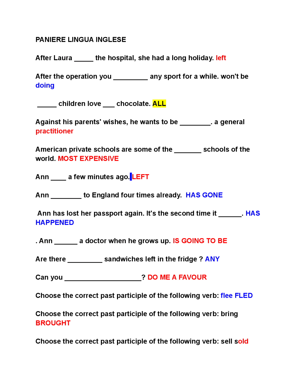 Paniere Svolto Lingua Inglese 3 Cfu Barbara Dindelli Docsity