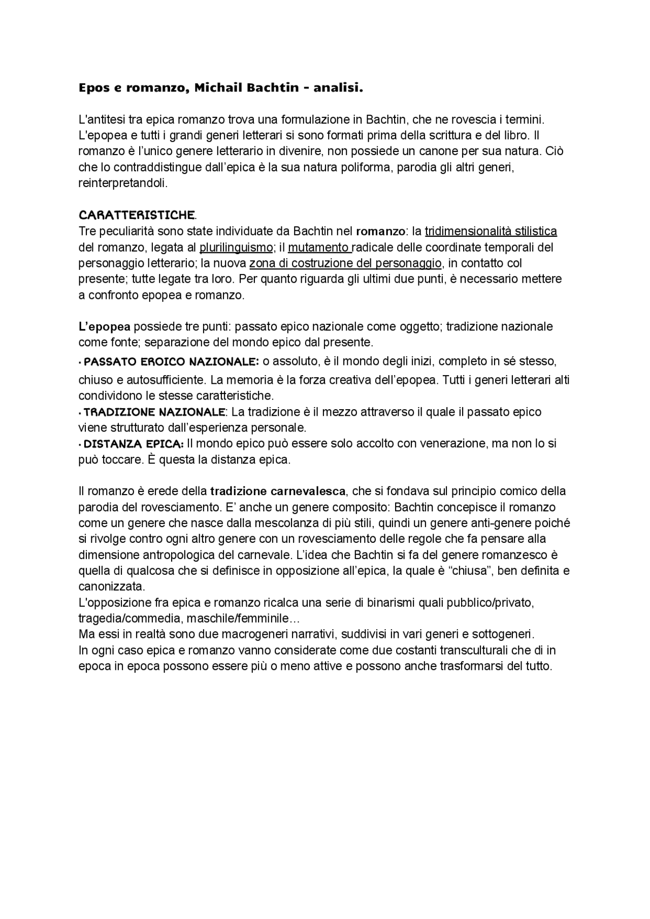 Epos E Romanzo Michail Bachtin Analisi Docsity