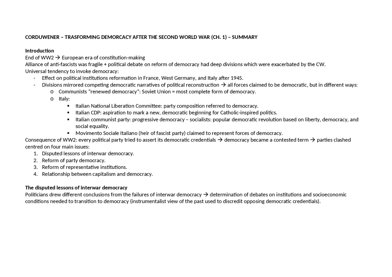 Transforming democracy after the Second World War (CH.1) - Corduwener - Summary - Docsity