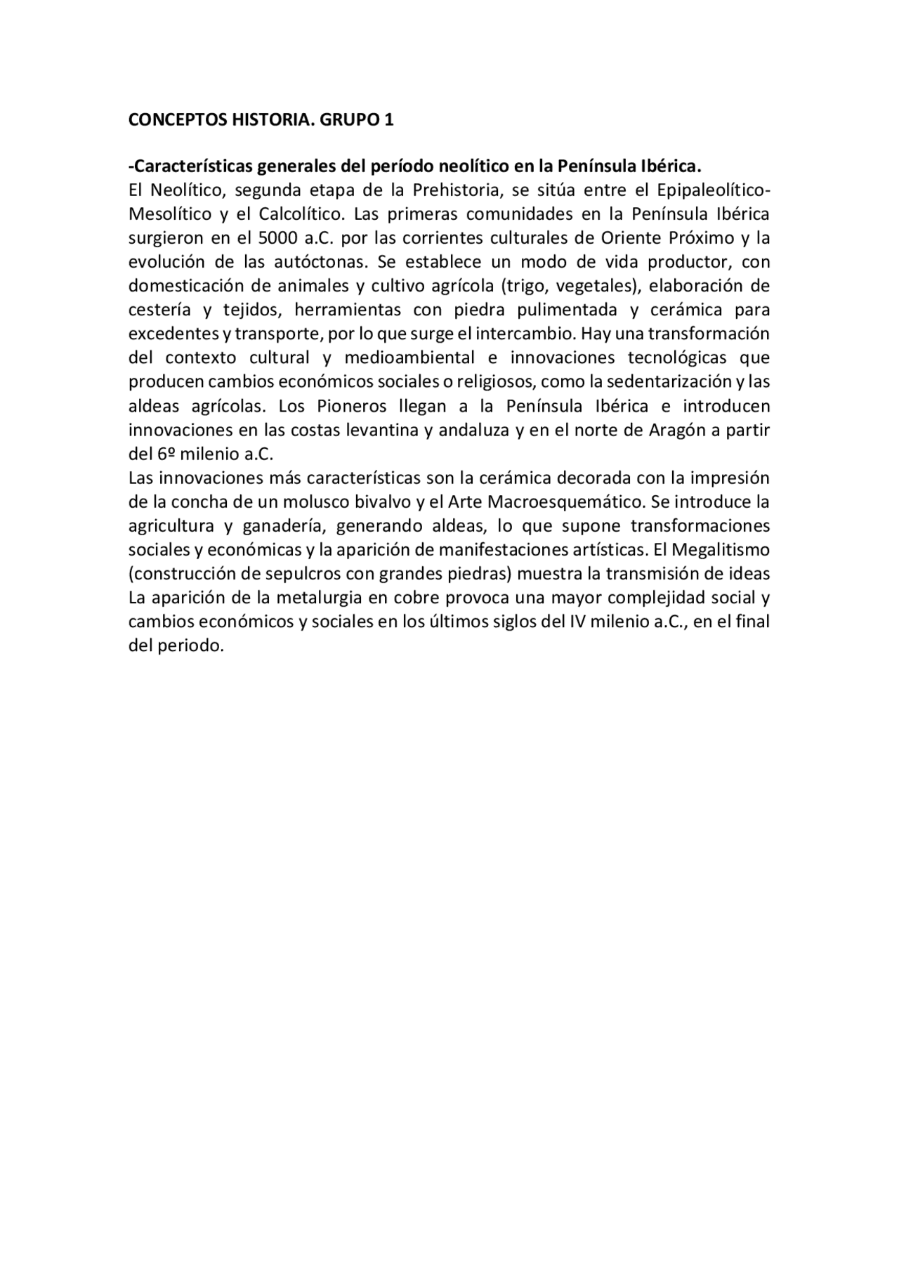 Conceptos básicos de la Historia Prehíspanica: El Neolítico en la Península Ibérica | Appunti di ...