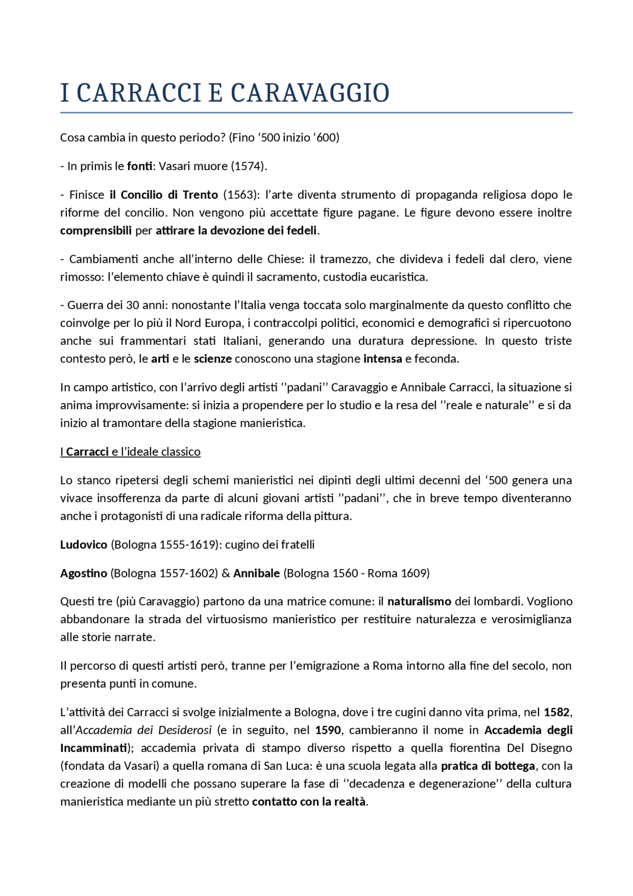 I CARRACCI E CARAVAGGIO - Docsity