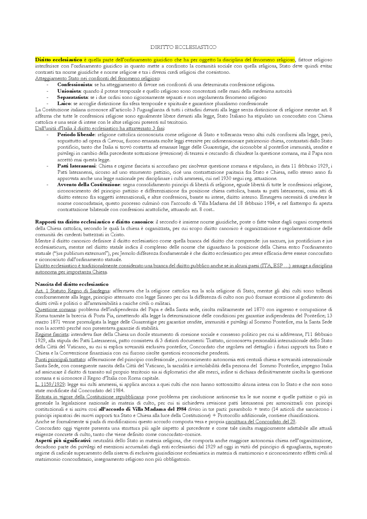 Riassunto Del Compendio Di Diritto Ecclesiastico Edizioni Simone Docsity