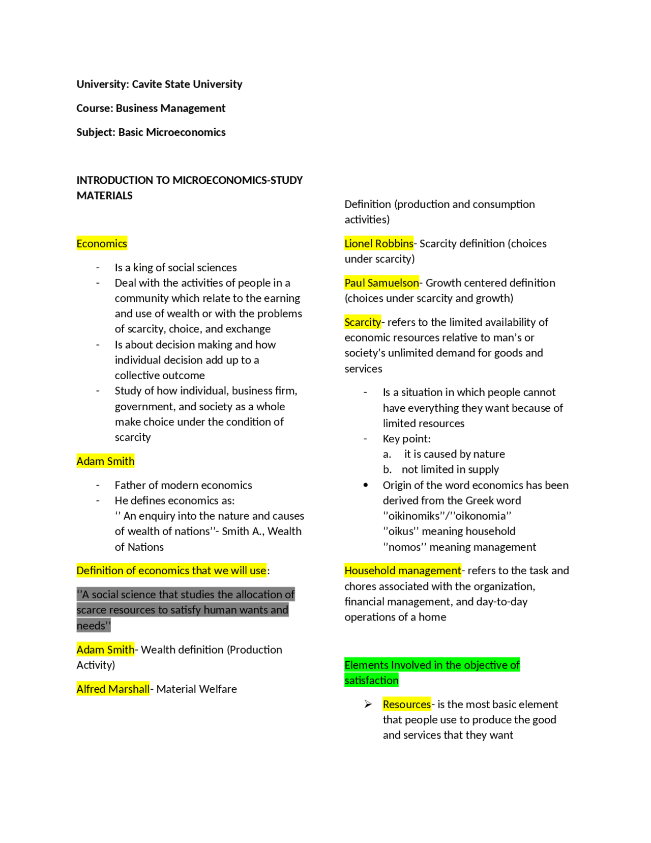 Introduction To Microeconomics Lecture Notes Microeconomics Docsity