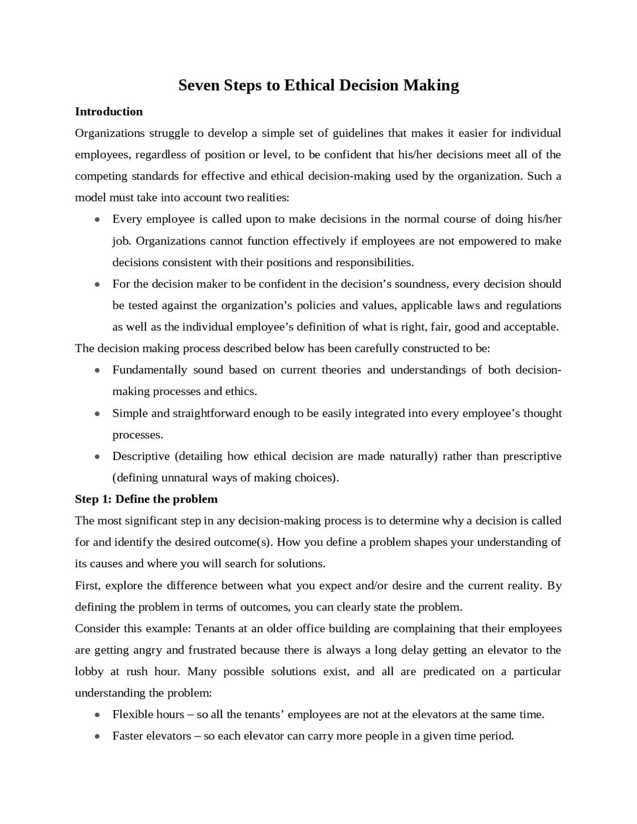 Seven Steps to Ethical Decision Making | Study notes Ethics | Docsity