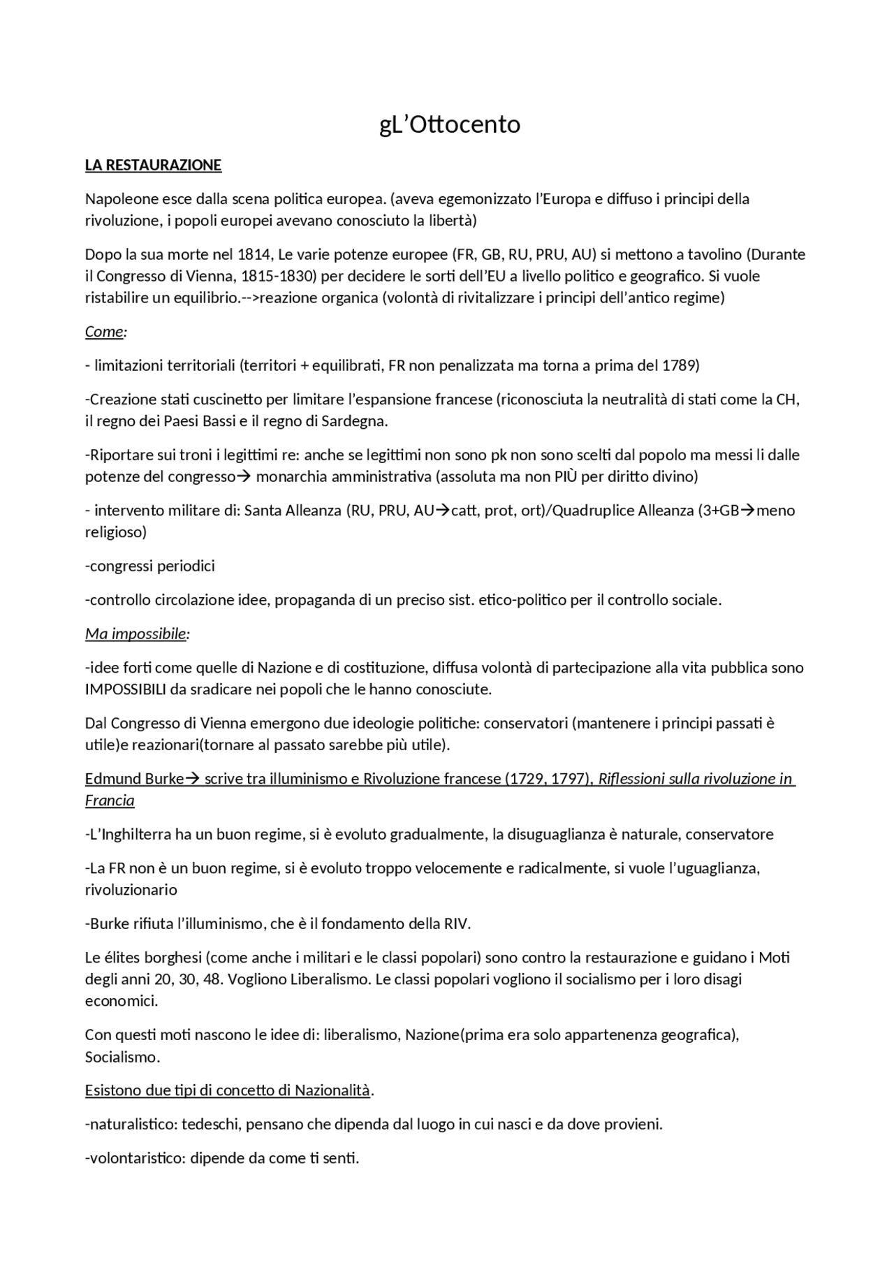 Riassunto Sul Secolo Ottocento Docsity