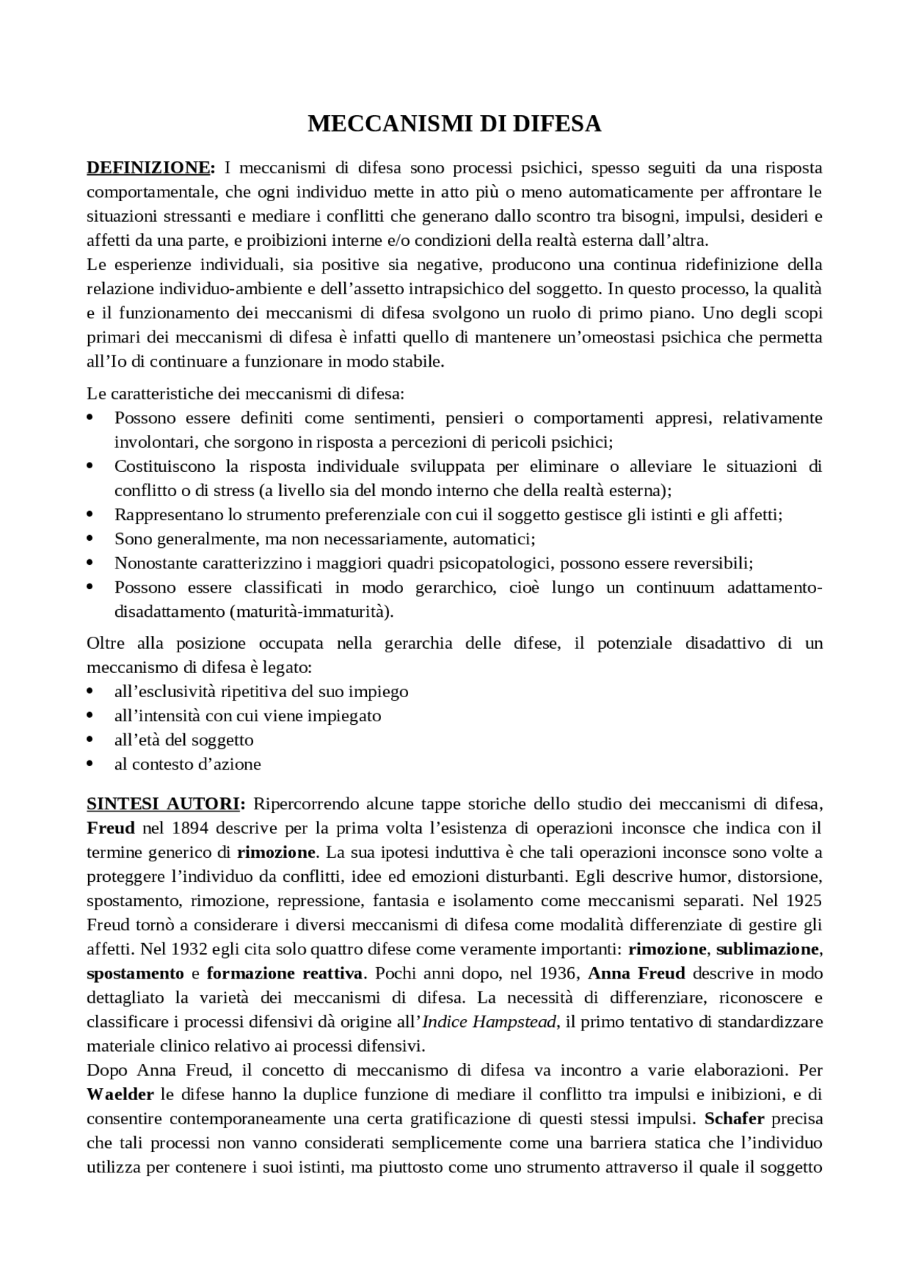 I Meccanismi Di Difesa Docsity