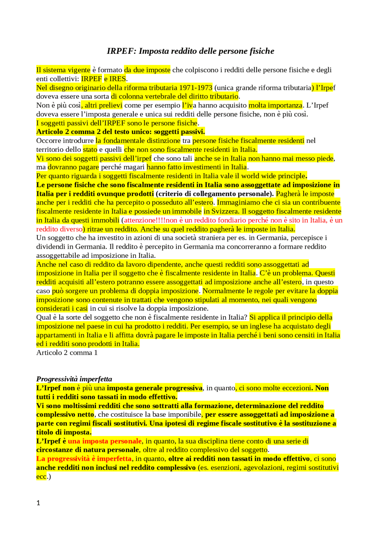 Lezione Irpef Diritto Tributario Docsity