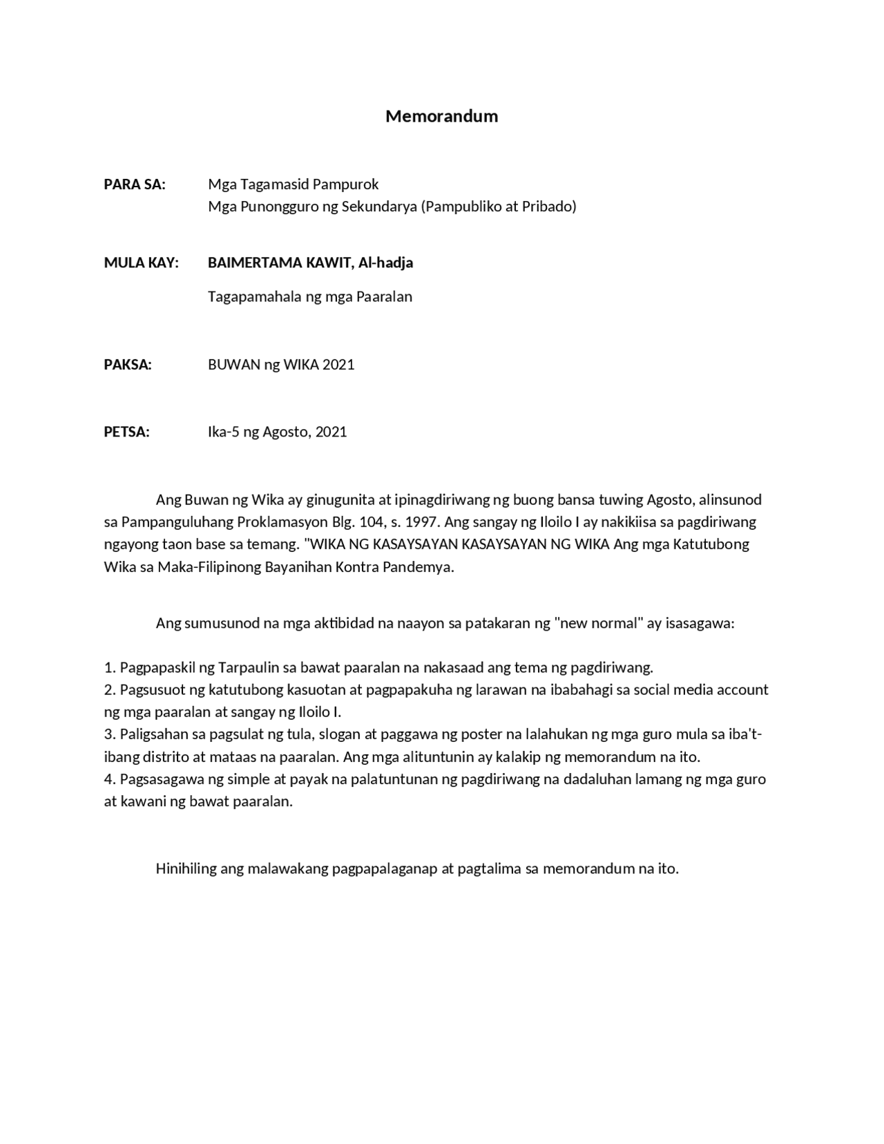 Memorandum tungkol sa Gaganaping Buwan ng Wika | Assignments English ...