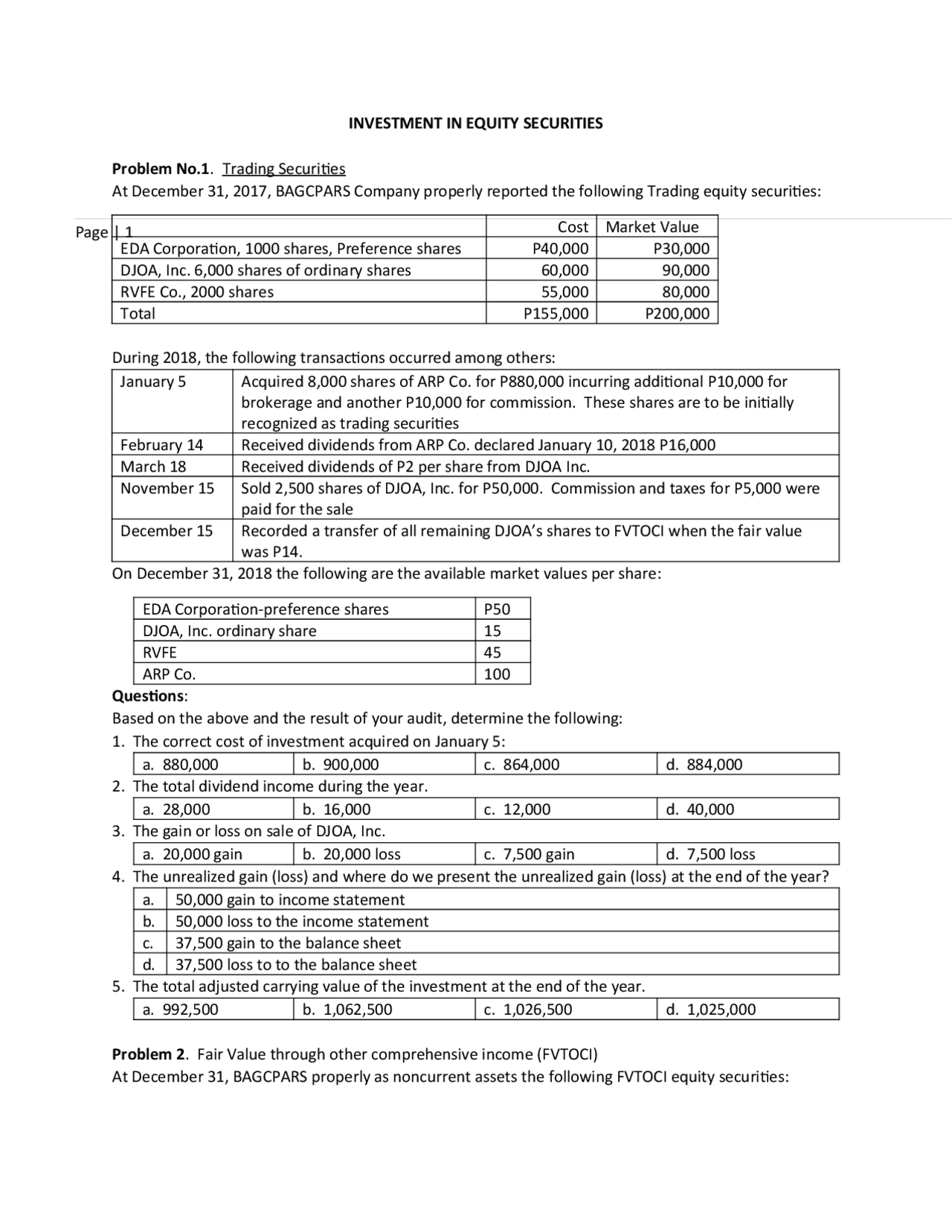 Investment equity securities | Exercises Advanced Accounting | Docsity