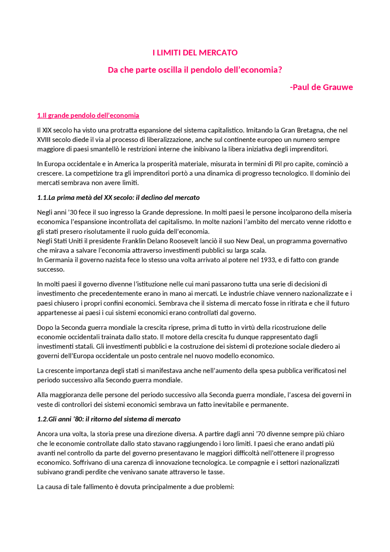 Riassunto Libro I Limiti Del Mercato Docsity