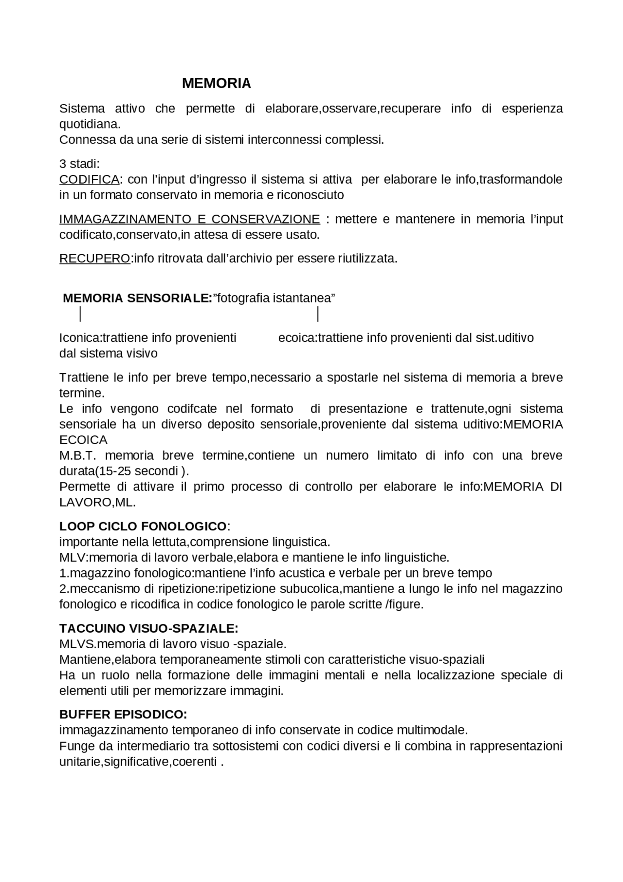 Riassunto Sulla Memoria Docsity