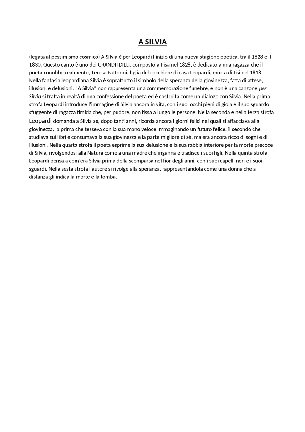 A Silvia Giacomo Leopardi Docsity