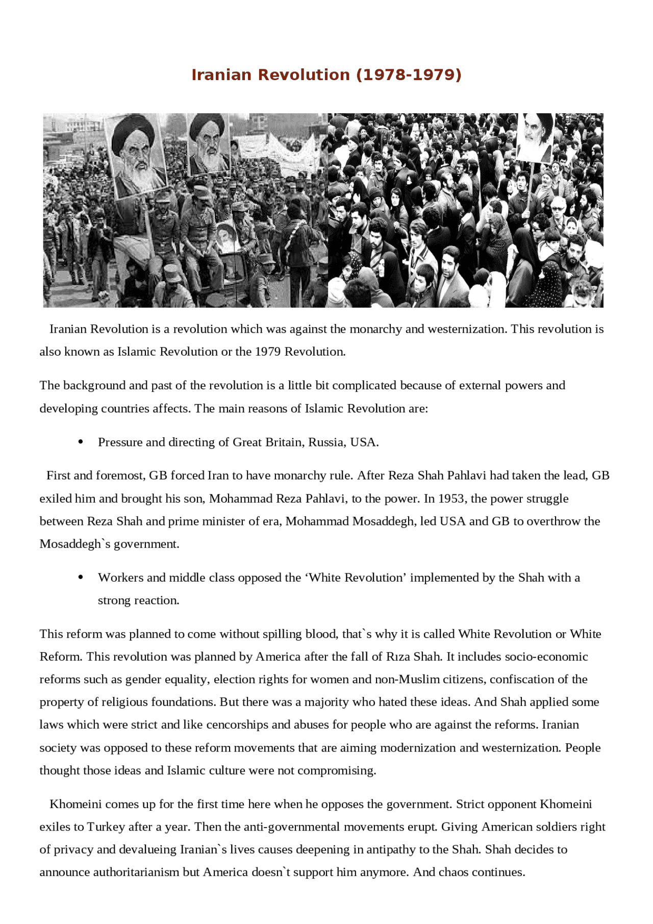 Iranian Revolution Assignment - Docsity