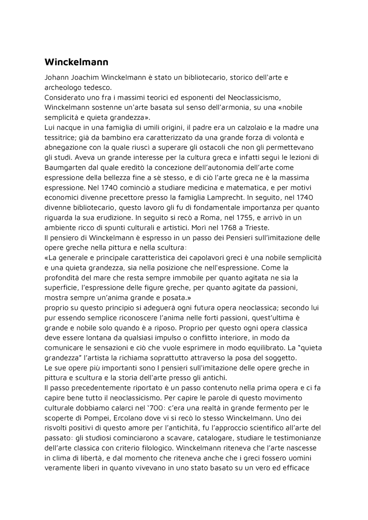 Winckelmann E Il Neoclassicismo Docsity