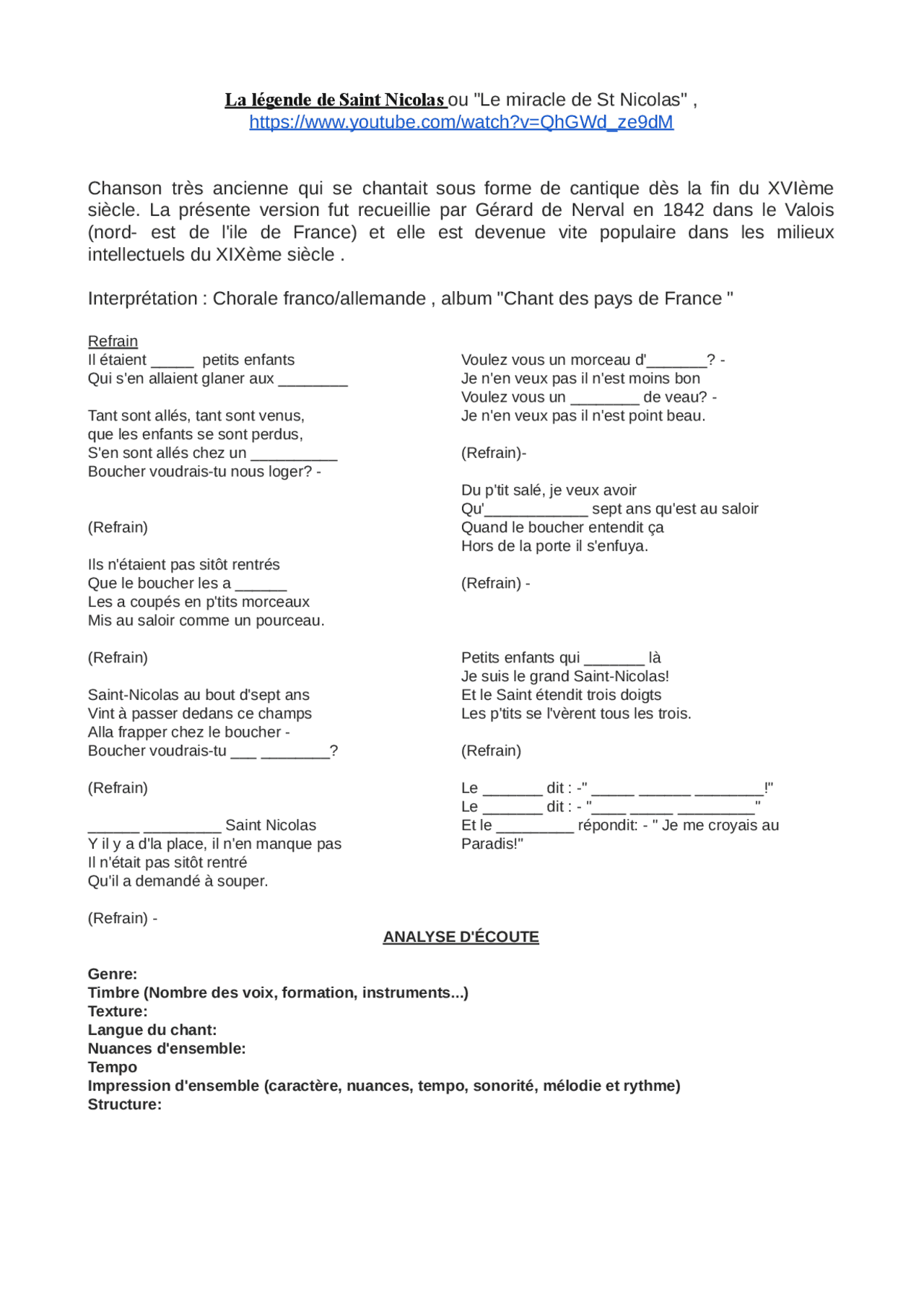La Légende de Saint Nicolàs (Chanson) - Docsity