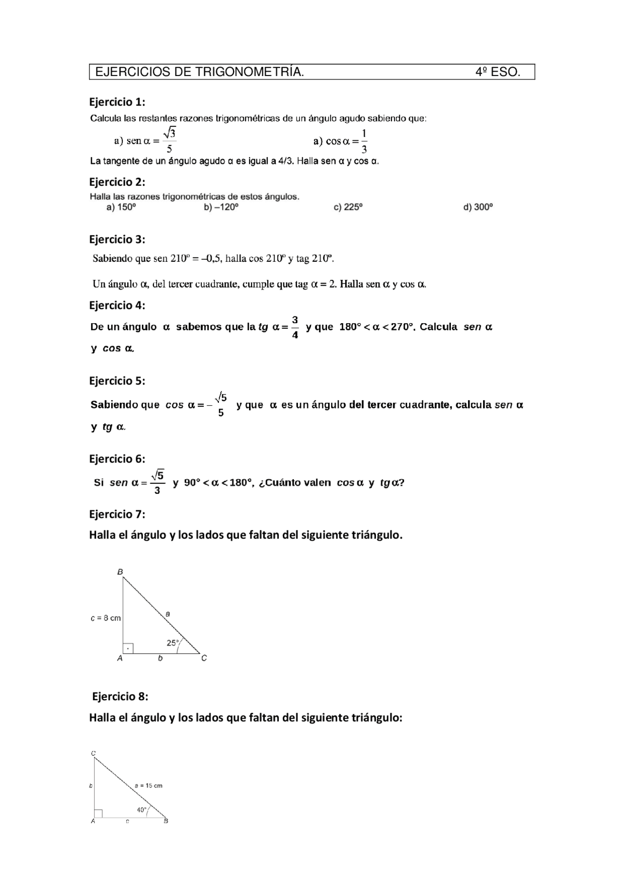 Ejercicios de trigonometría para practicar - Docsity