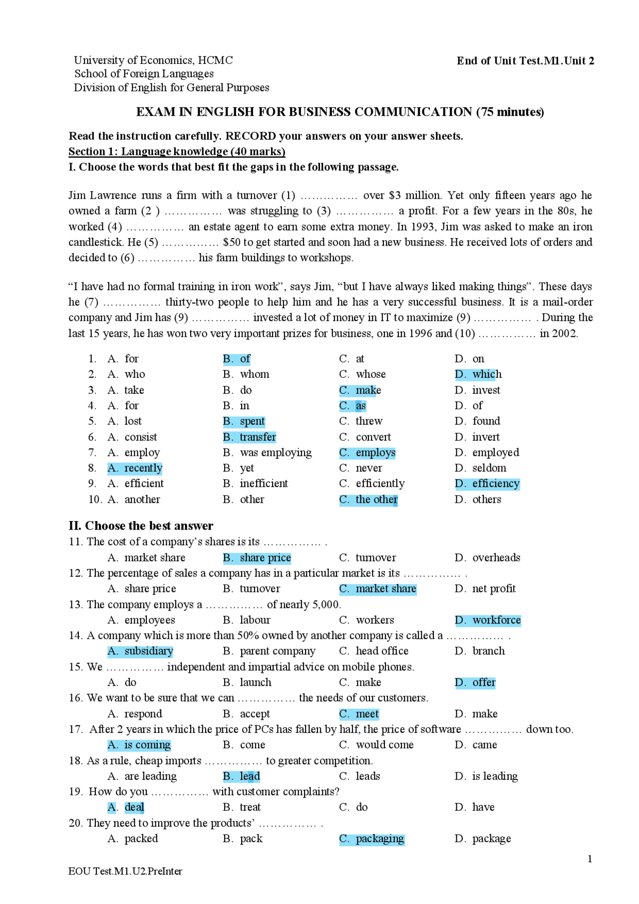 END OF UNIT TEST 2. | Exams English Language | Docsity
