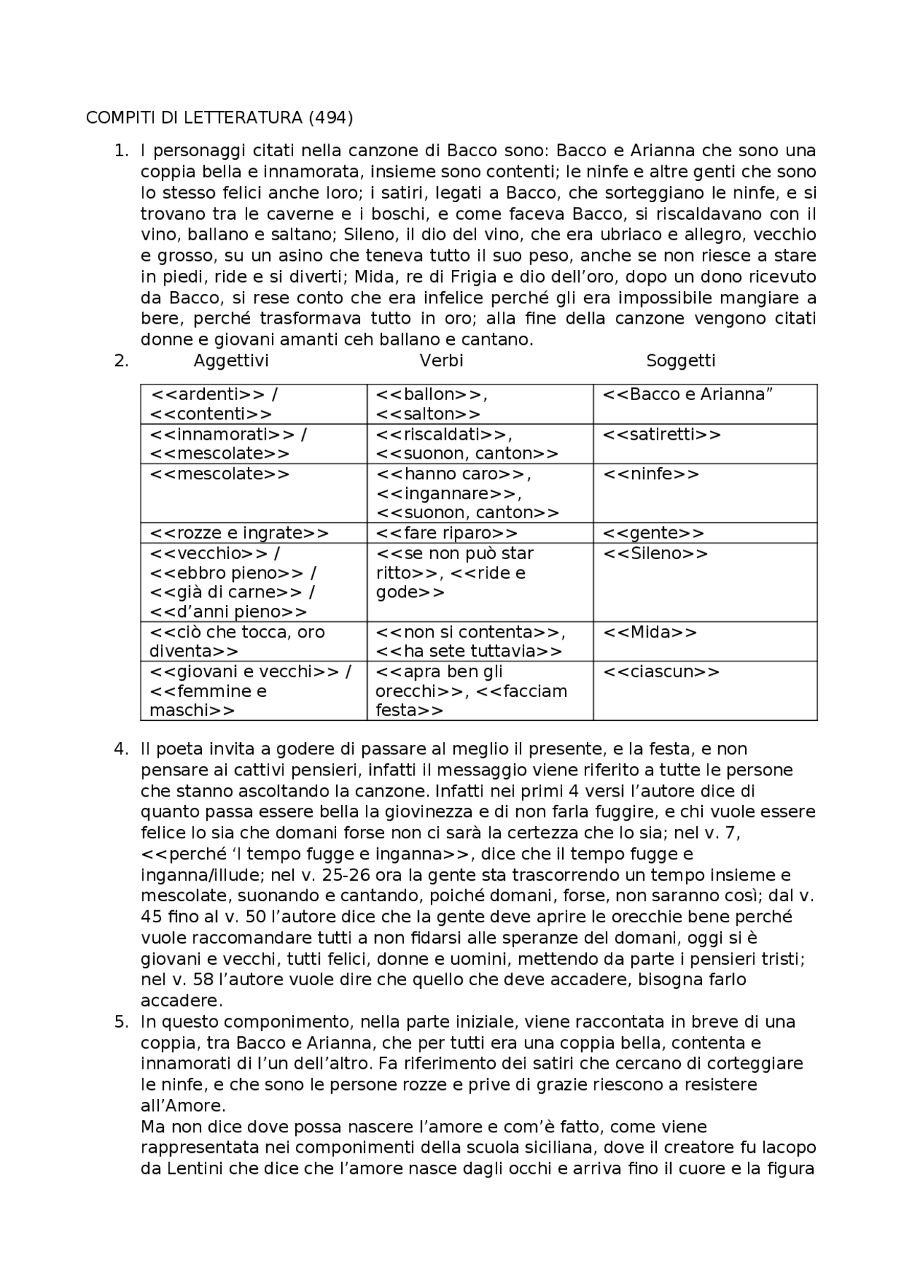 Esercizi Sulla Canzone Di Bacco Docsity