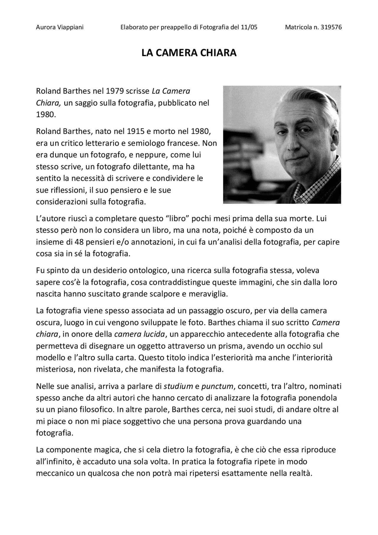 La Camera Chiara Di Roland Barthes Docsity