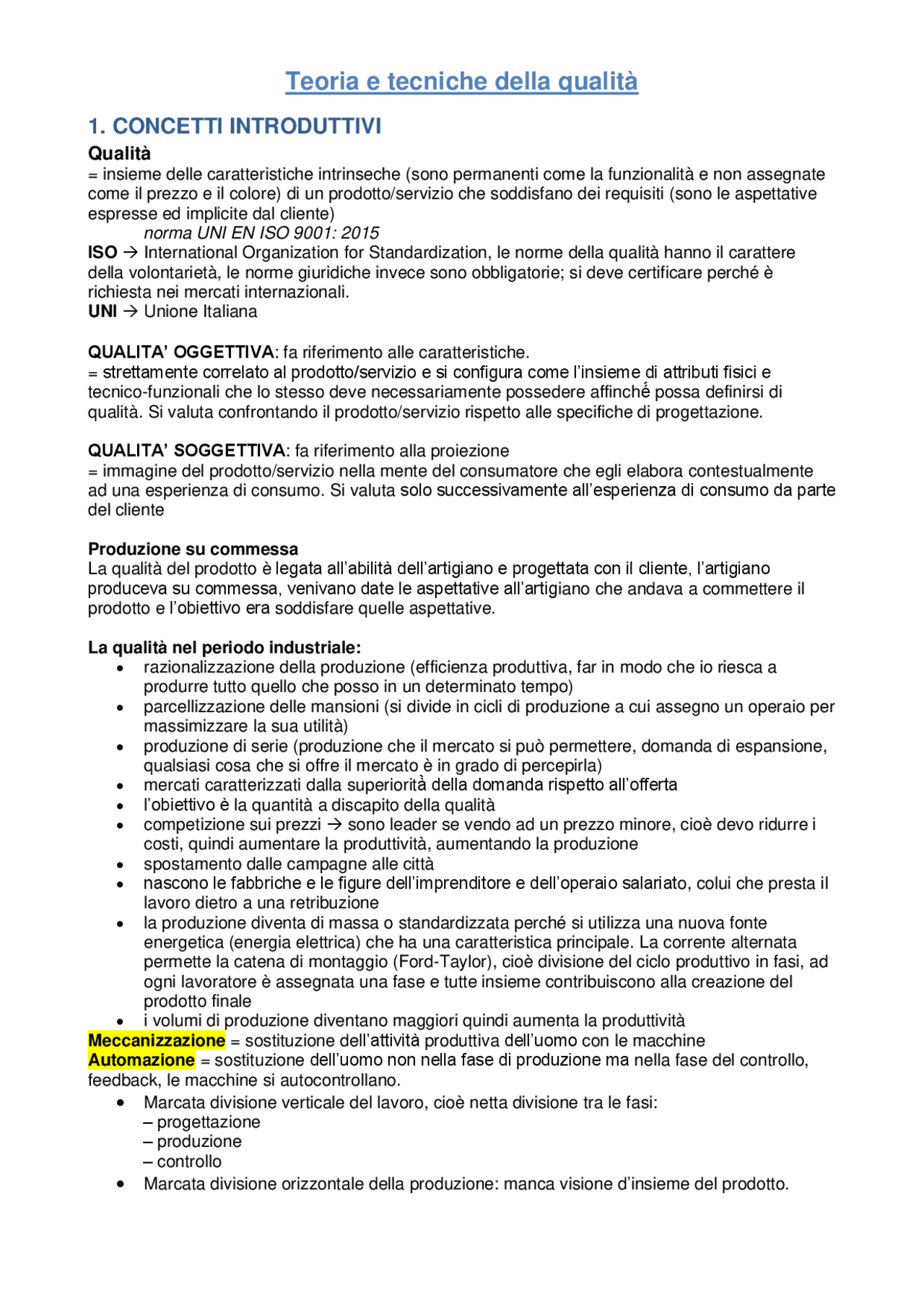 Riassunti Teoria E Tecniche Della Qualità Docsity
