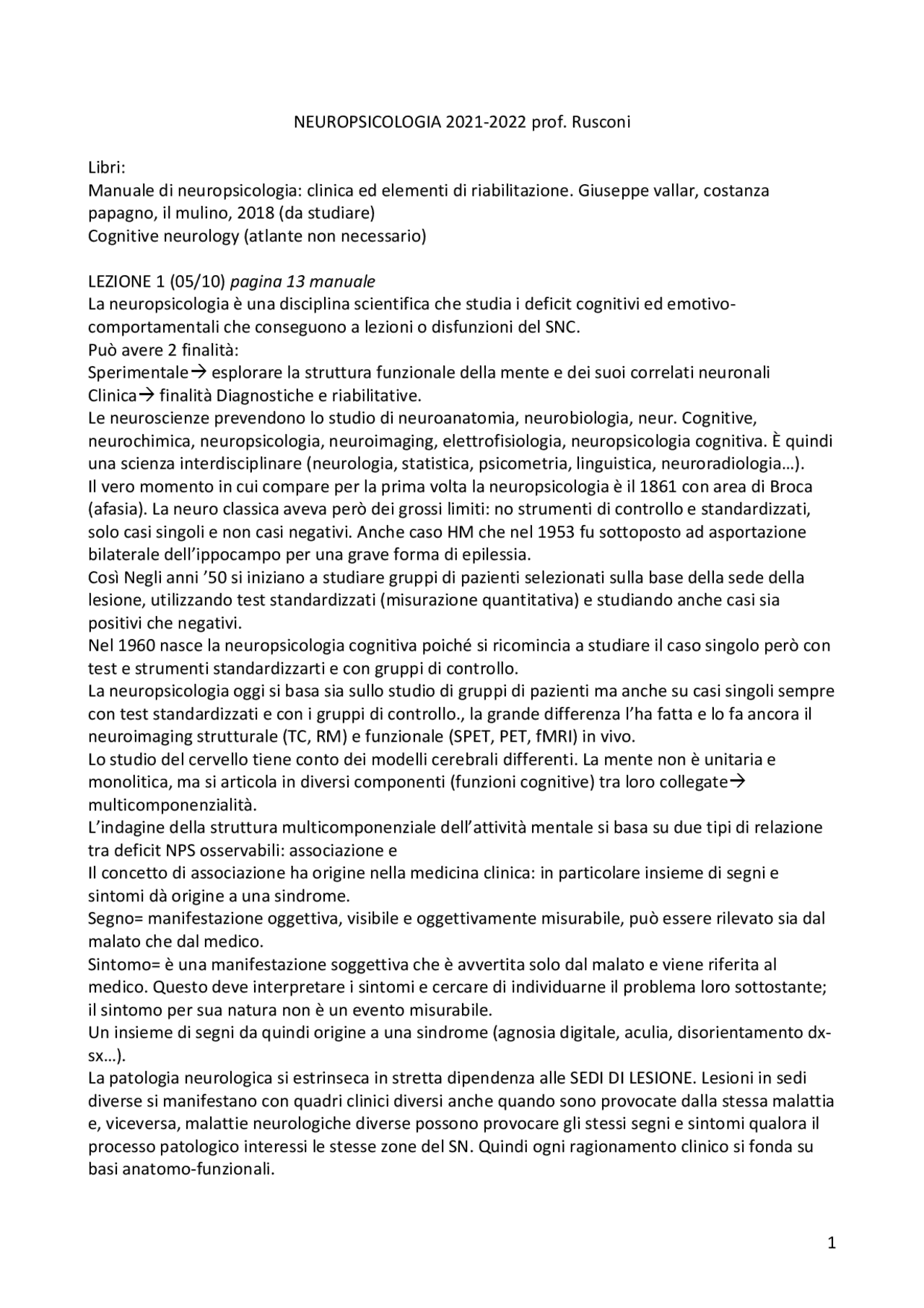 Appunti Lezioni Neuropsicologia Docsity