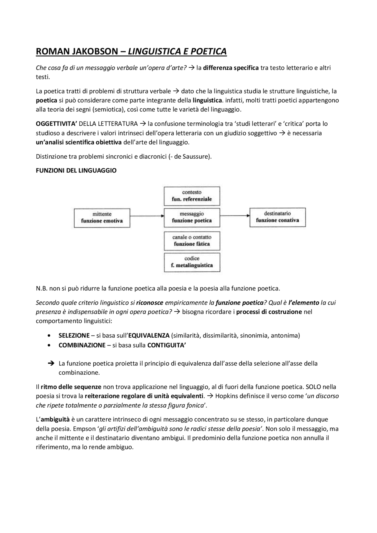 Linguistica E Poetica Jakobson Riassunto Docsity